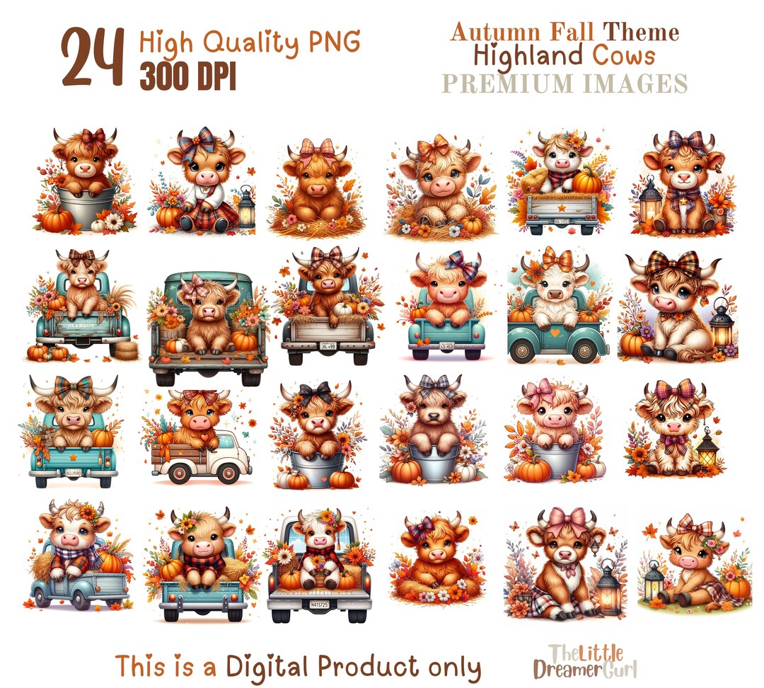 24 Autumn Fall Highland Cow Clipart PNG – Rustic Fall Animals ...