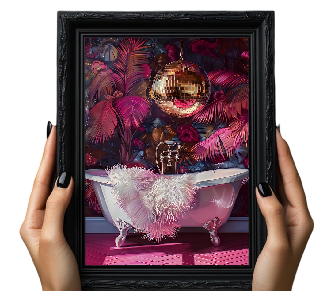 PRINTABLE Disco Ball Bathroom Botanical Art, Moody Hot Pink Maximalist ...