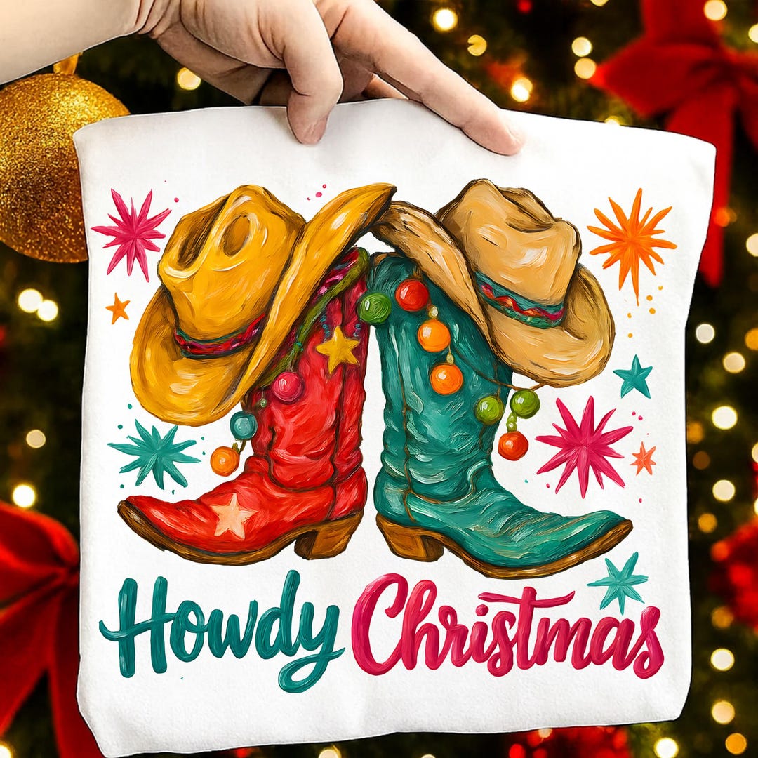 Howdy Christmas PNG, Western Cowboy Boots Hand Painted Art, Retro ...