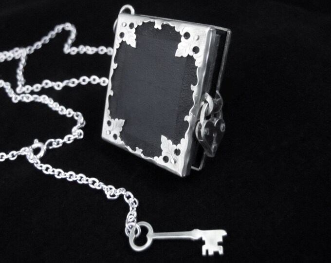 Leather and Silver Book Locket Necklace With Heart Padlock and Key BOOK ...