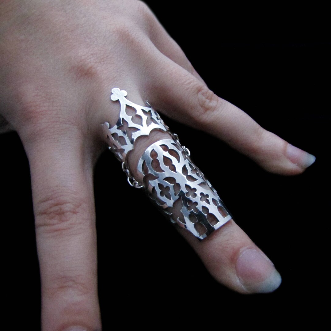Sterling Silver Full Finger Ring Gothic Medieval Skull and Crown Armour ...