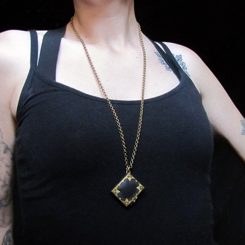 Black Leather and Gold Brass Book Locket Necklace With Heart - Etsy