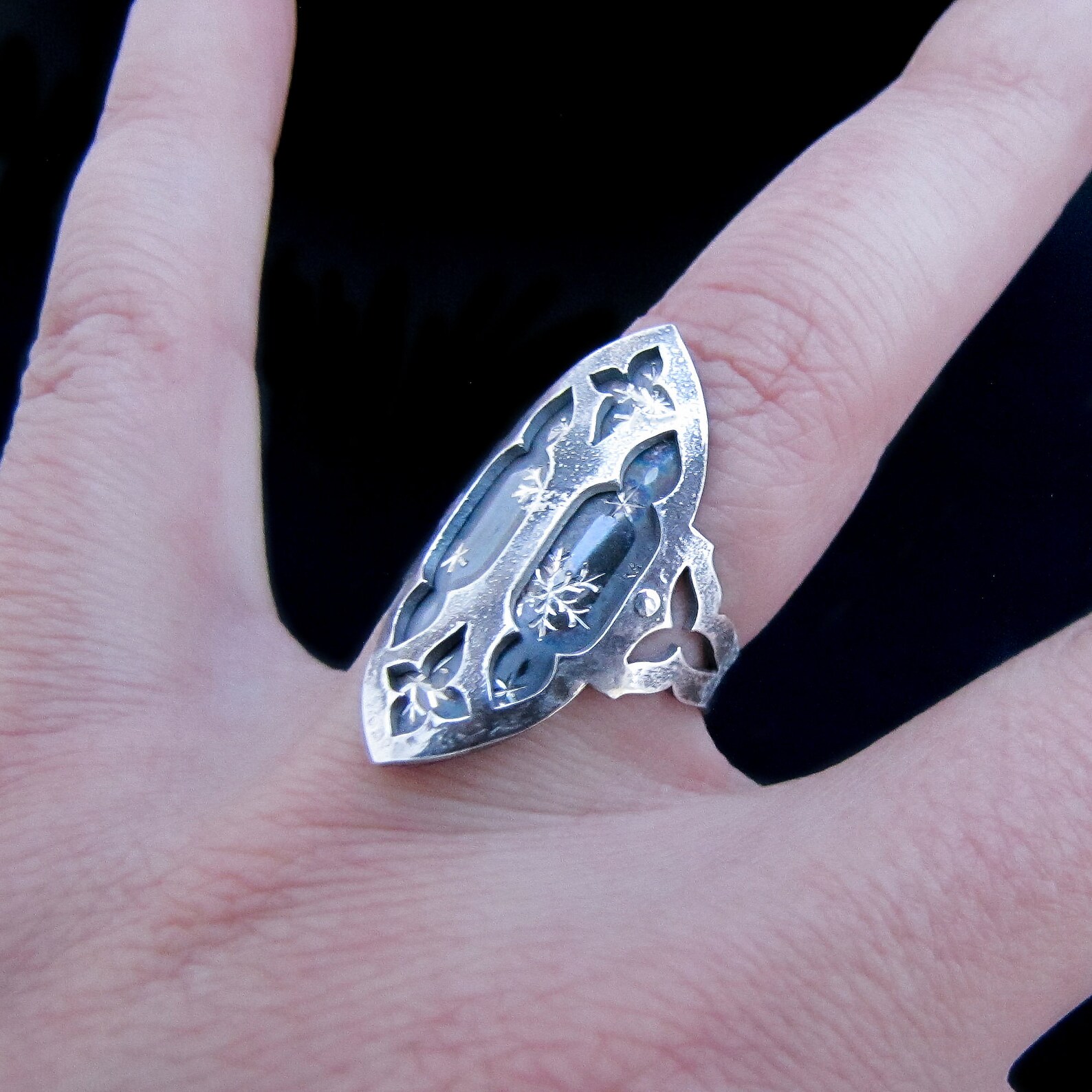Sterling Silver Gothic Window Ring - Winter Night Snowflake Scene ...
