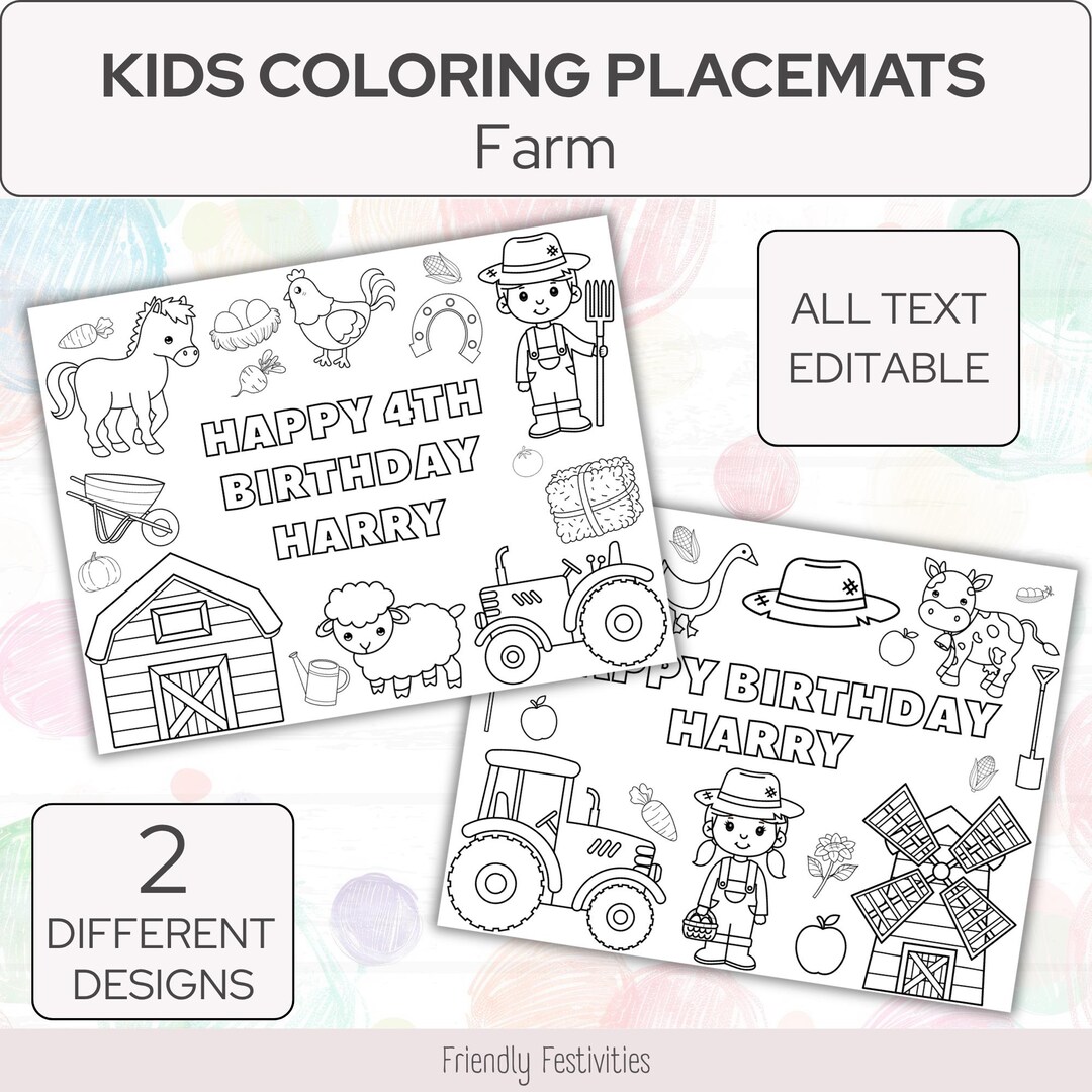 Editable Farm Coloring Placemats, Personalized Farm Birthday Party ...