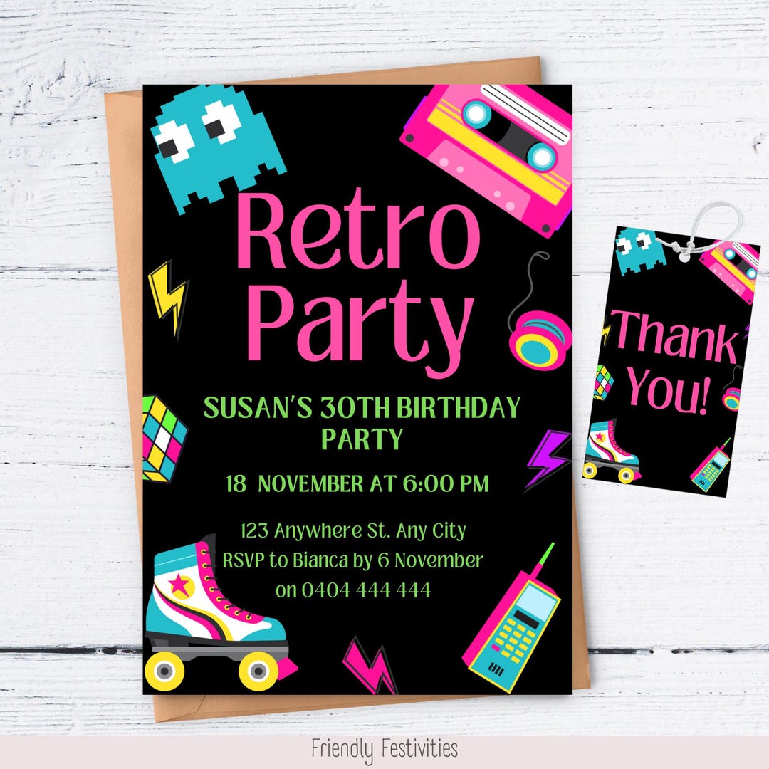 Retro Birthday Party Invitation, 80's & 90's Bright Fluro Theme ...