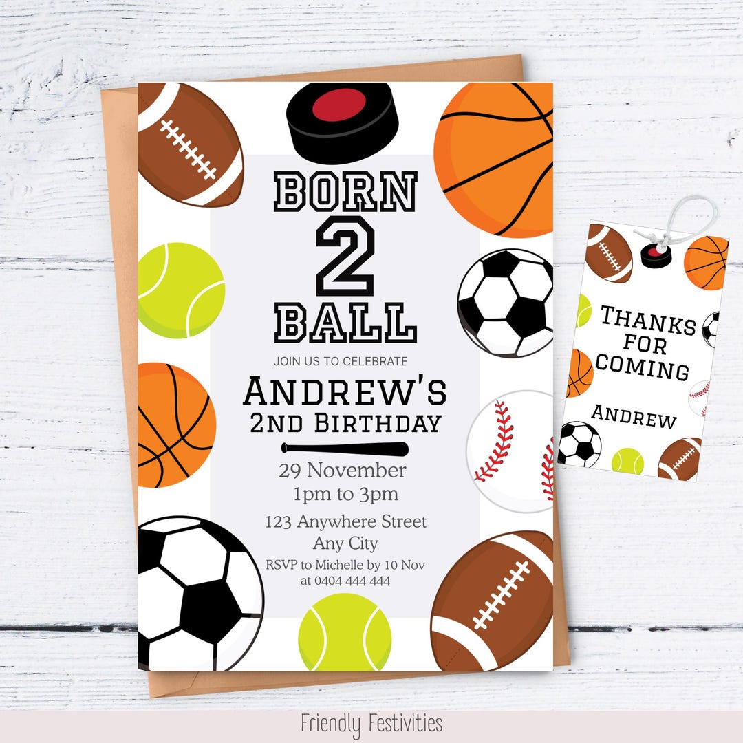 Born 2 Ball Editable Birthday Party Invitation, Second Birthday Sports ...