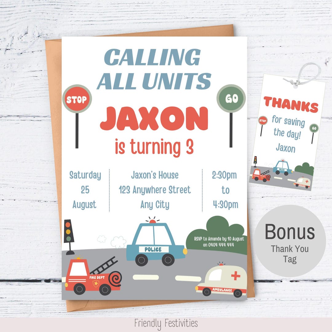 Emergency Vehicle Editable Birthday Invitation, Calling All Units ...