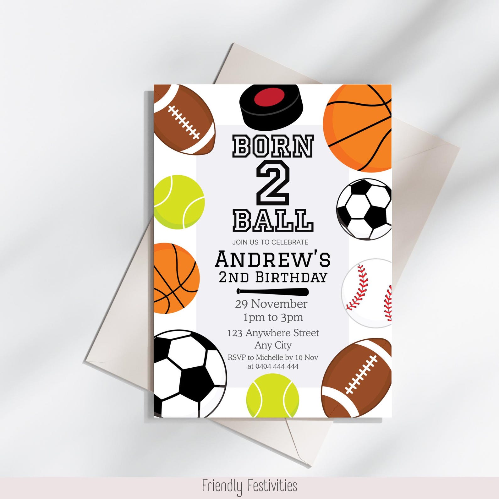 Born 2 Ball Editable Birthday Party Invitation, Second Birthday Sports ...