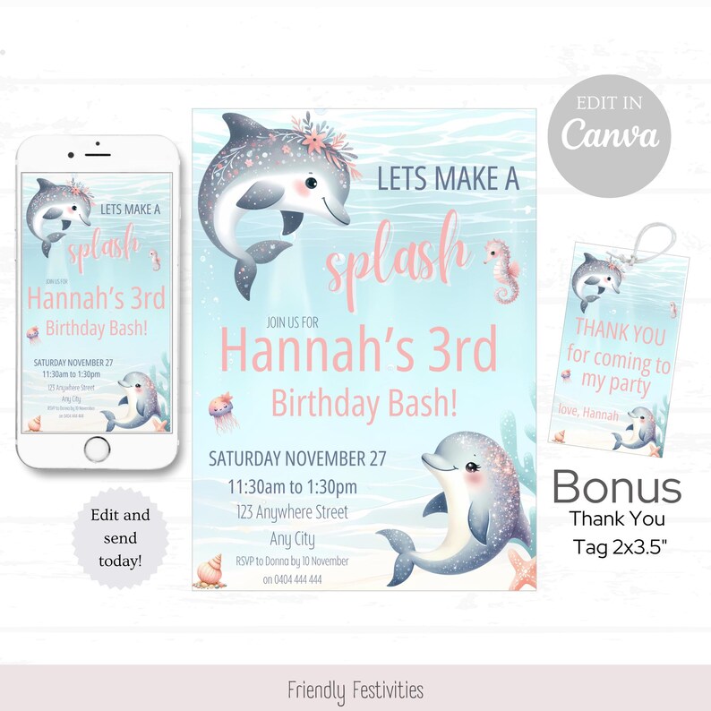 Editable Dolphin Birthday Invitation Template, Under the Sea Party ...