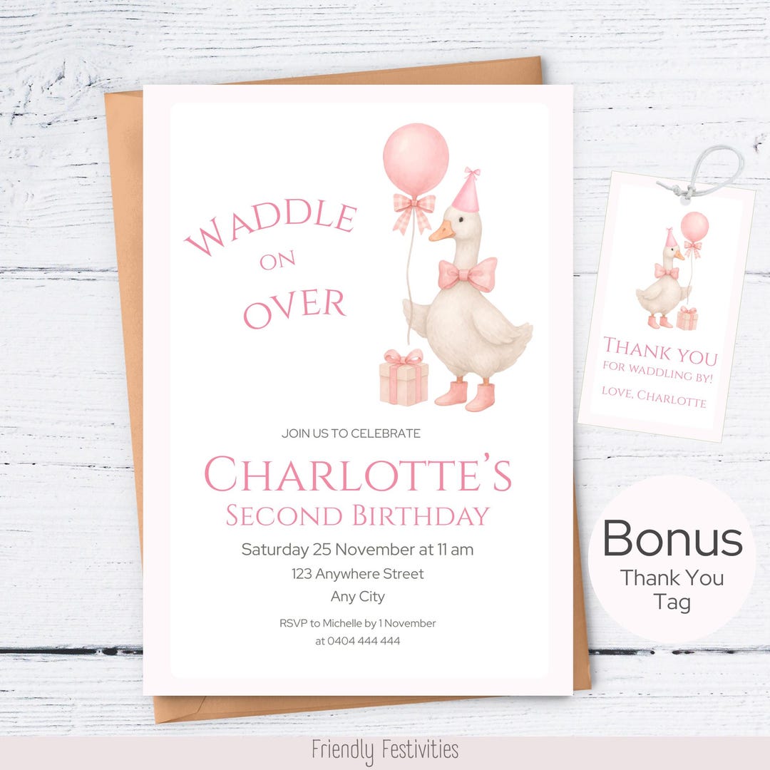 Waddle on Over Birthday Invitation, Duck Themed Birthday Invite, Pink ...