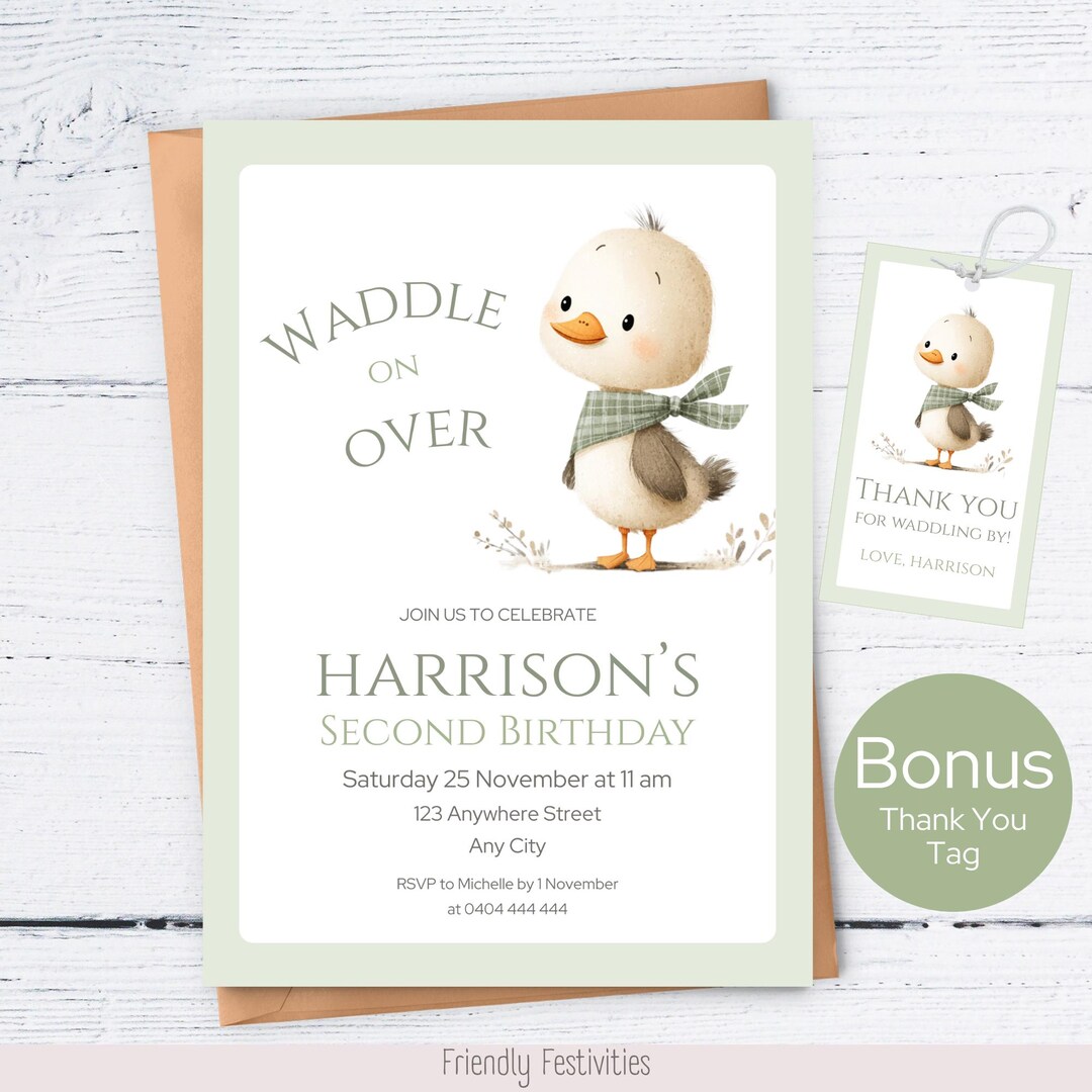Waddle on Over Birthday Invitation, Duck Themed Birthday Invite, Green ...