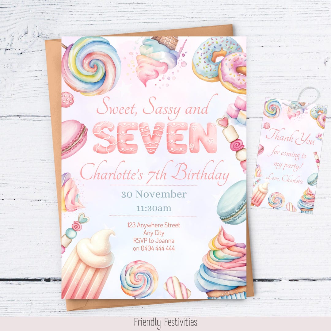 Sweet Sassy & Seven Birthday Party Invitation, Girl 7th Birthday Party ...