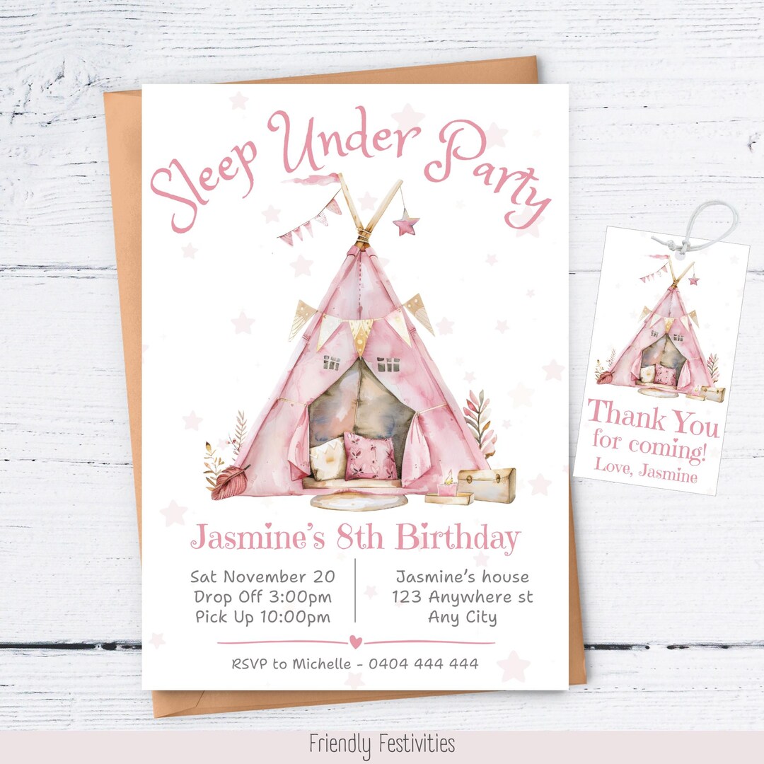 Sleep Under Birthday Invitation Template, Pink Teepee Girls Party ...