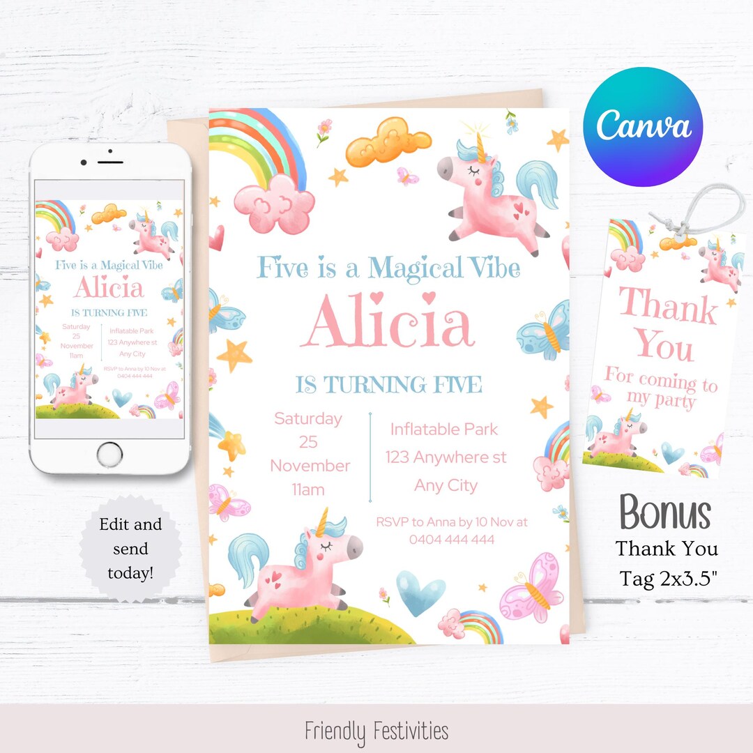 Five is a Magical Vibe Unicorn Rainbow Birthday Invitation, Fifth ...