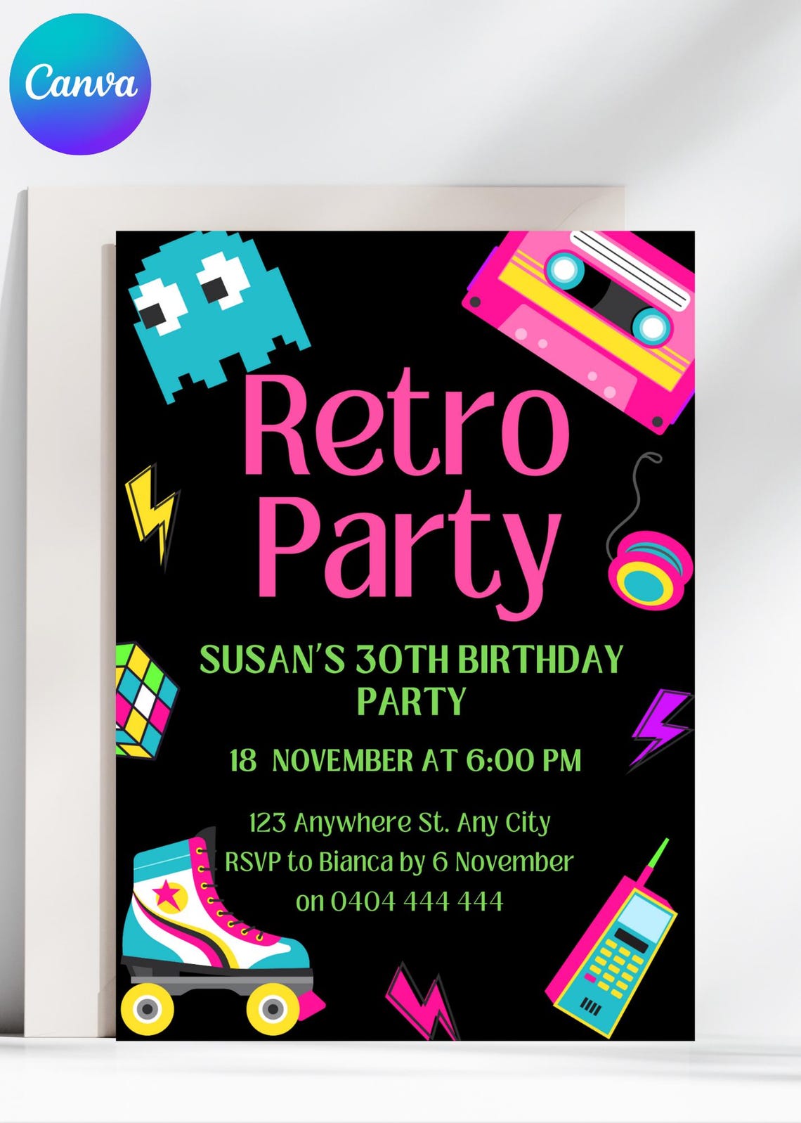 Retro Birthday Party Invitation, 80's Theme Birthday, 90's, Fluro Party ...