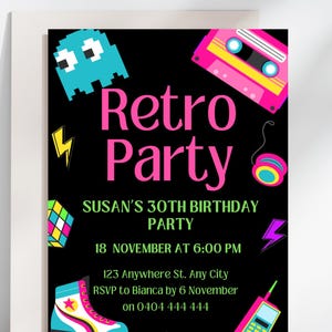 Retro Birthday Party Invitation, 80's Theme Birthday, 90's, Fluro Party ...