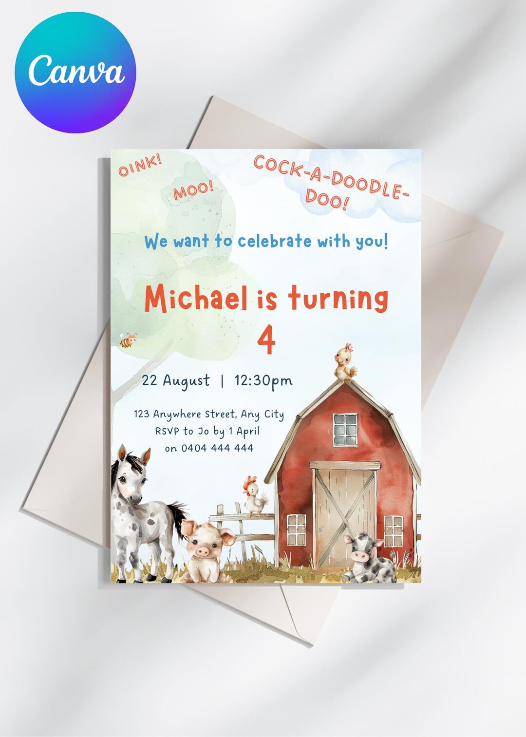 Farm Animal Theme Birthday Invitation, Kid's Birthday Party, Instant ...