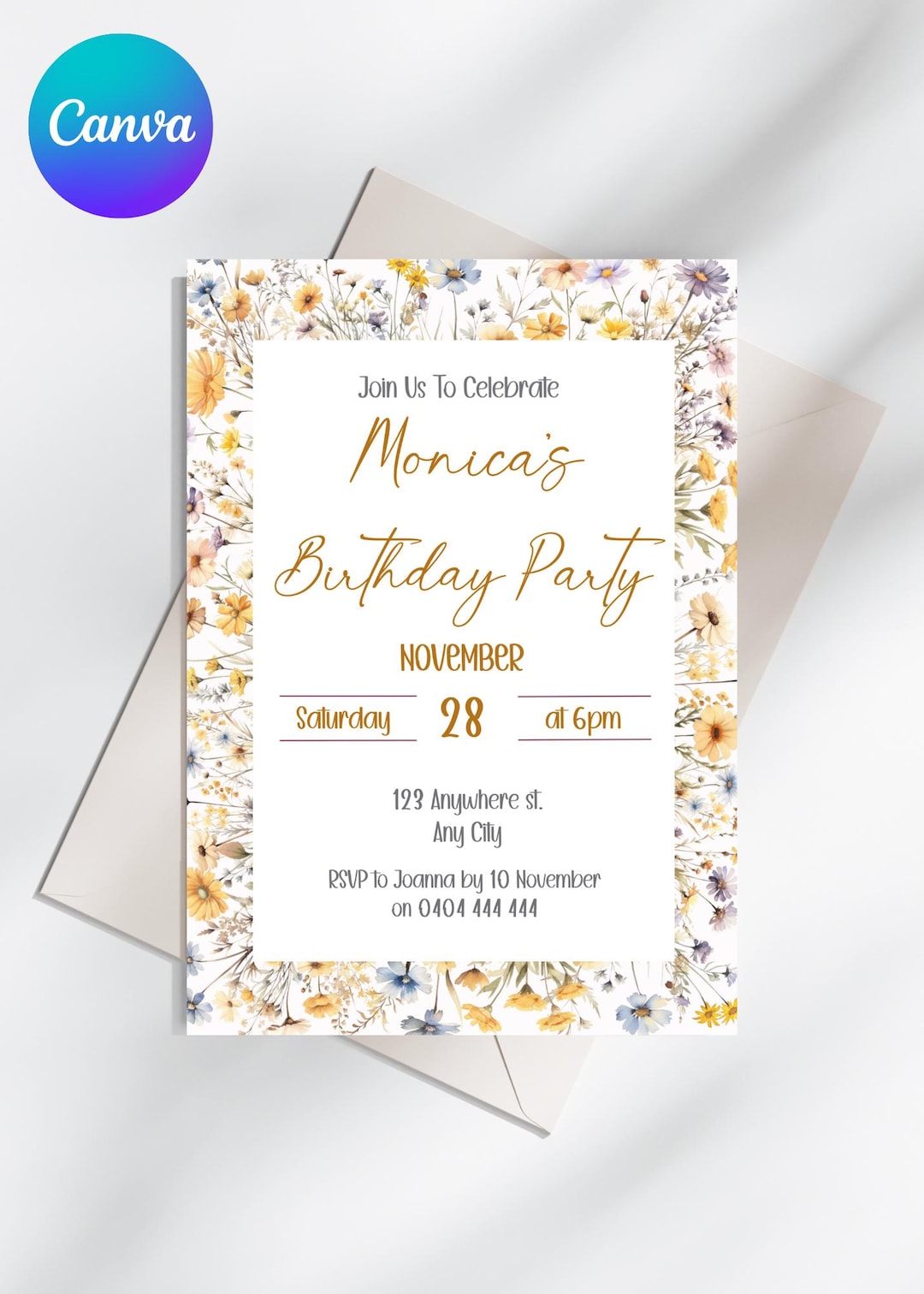 Yellow Floral Theme Birthday Party Invitation, Flower Birthday ...