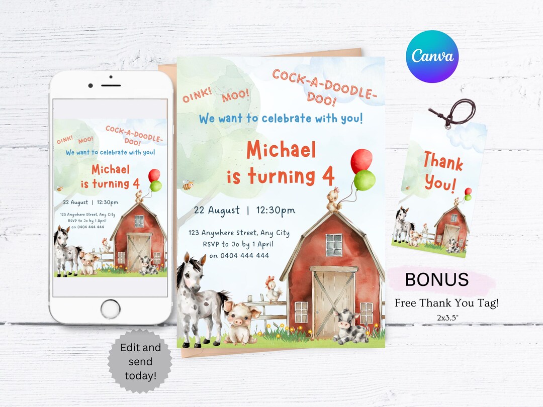 Barn Farm Animal Theme Birthday Invitation, Kid's Birthday Party ...