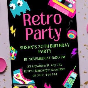 Retro Birthday Party Invitation, 80's Theme Birthday, 90's, Fluro Party ...
