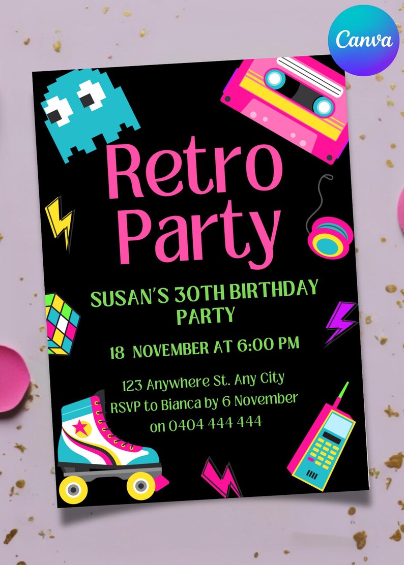 Retro Birthday Party Invitation, 80's Theme Birthday, 90's, Fluro Party ...