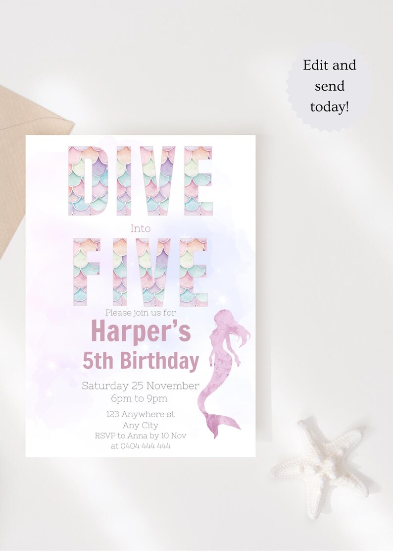 Fifth Birthday Party Invitation, Dive Into Five Theme, Mermaid Kids ...