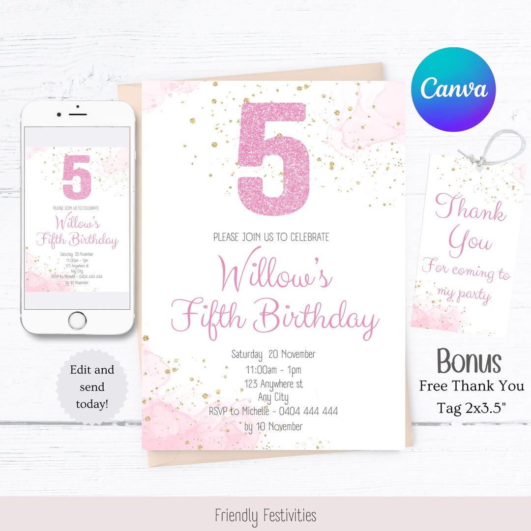 Fifth Birthday Pink Glitter Party Invitation, Simple Girly Invite ...