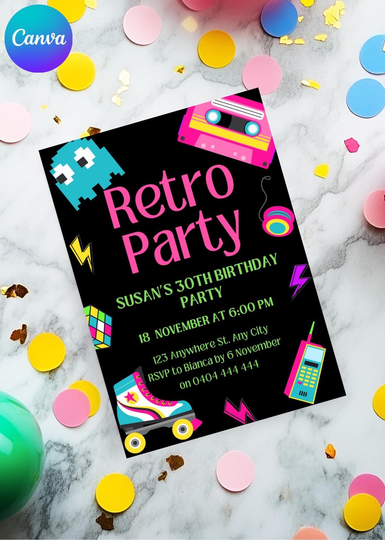 Retro Birthday Party Invitation, 80's Theme Birthday, 90's, Fluro Party ...