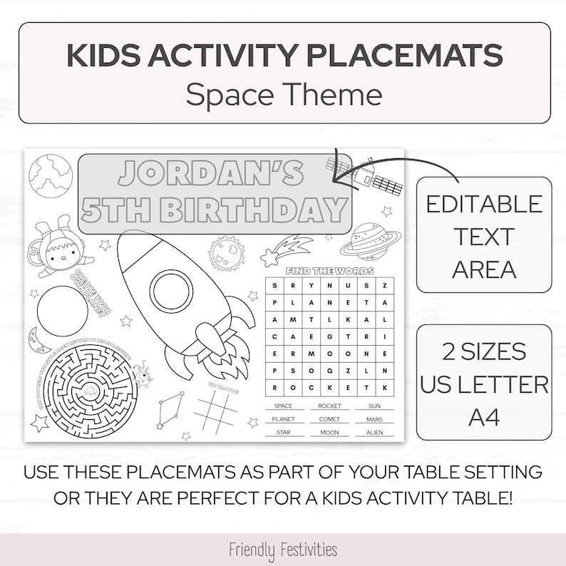 Editable Space Activity & Coloring Placemats, Personalized Space ...