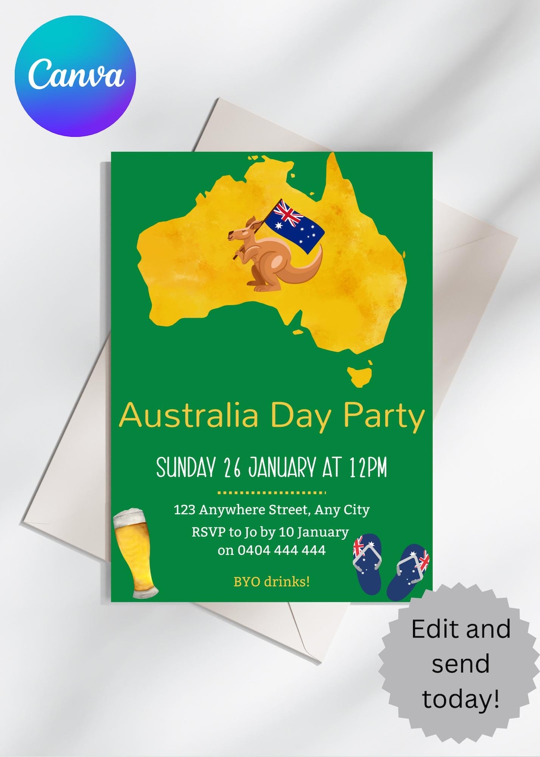 Australia Day Party Editable Invitation, Aussie, Straya, Green and Gold, Instant Download ...