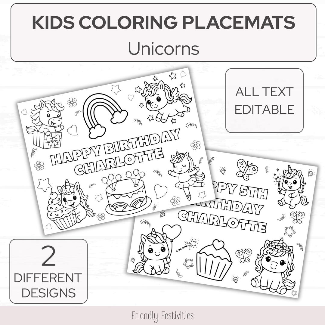 Editable Unicorn Coloring Placemats, Personalized Unicorn Birthday ...