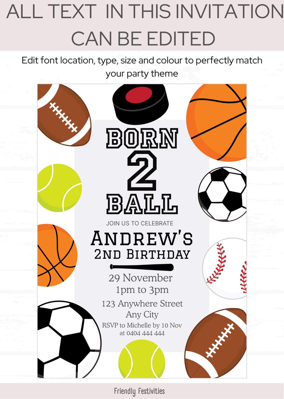 Born 2 Ball Editable Birthday Party Invitation, Second Birthday Sports ...