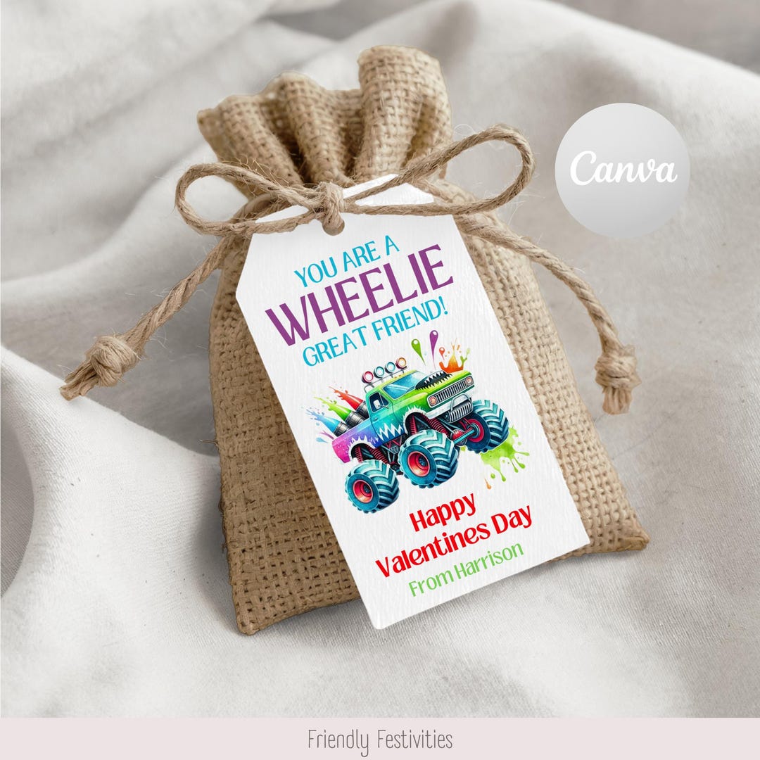 Wheelie Great Friend Valentine Gift Tag Template, Monster Truck Car ...