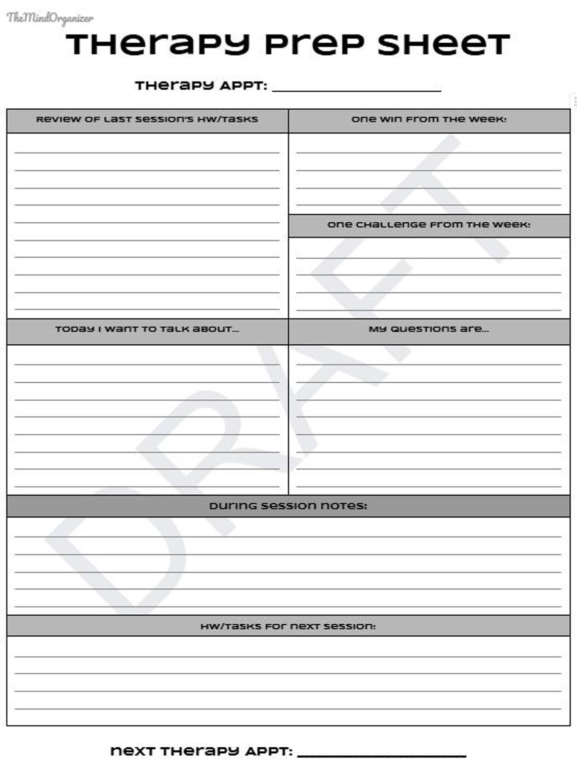 Therapy Prep Sheet - Etsy