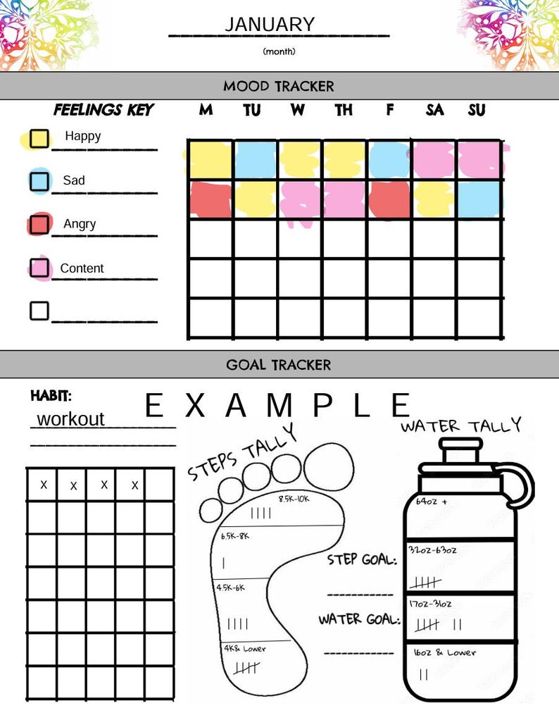 Monthly Life & Fitness Tracker | Mood Tracker | Printable | Worksheet ...