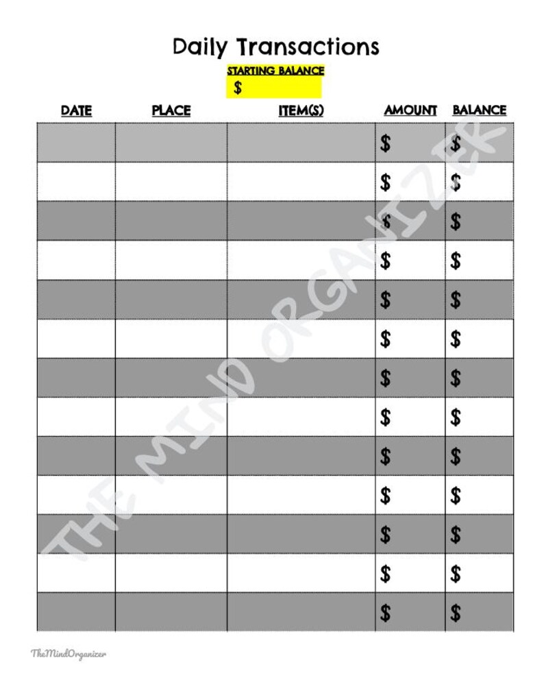 Daily Money Transactions Ledger | Template | Printable | Finances - Etsy