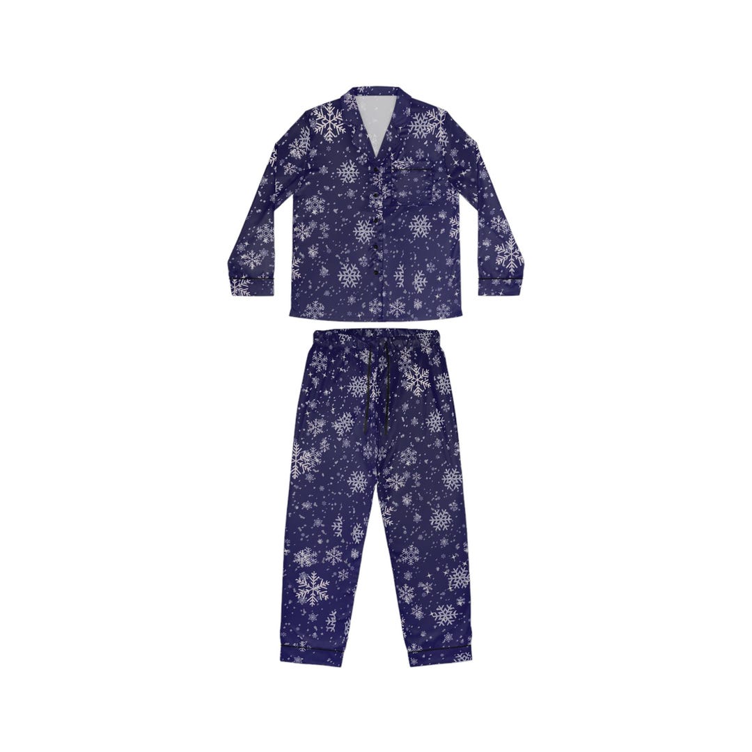 Snow Flake Satin Pajamas, Navy Blue Loungewear Set, Women's Pj's ...