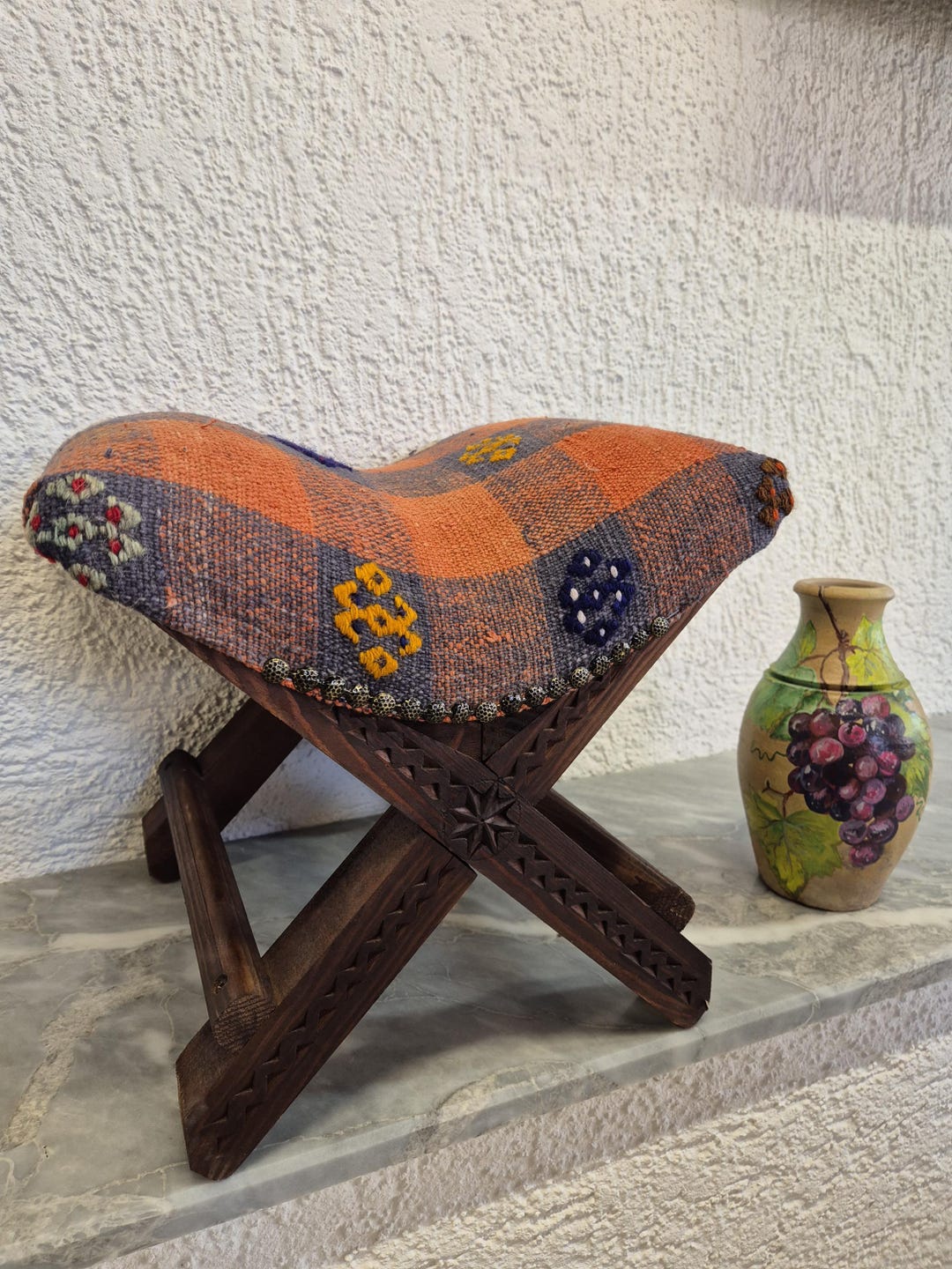 Handmade Kilim Ottoman Stool, Vintage Turkish Rug Seat With Carved ...
