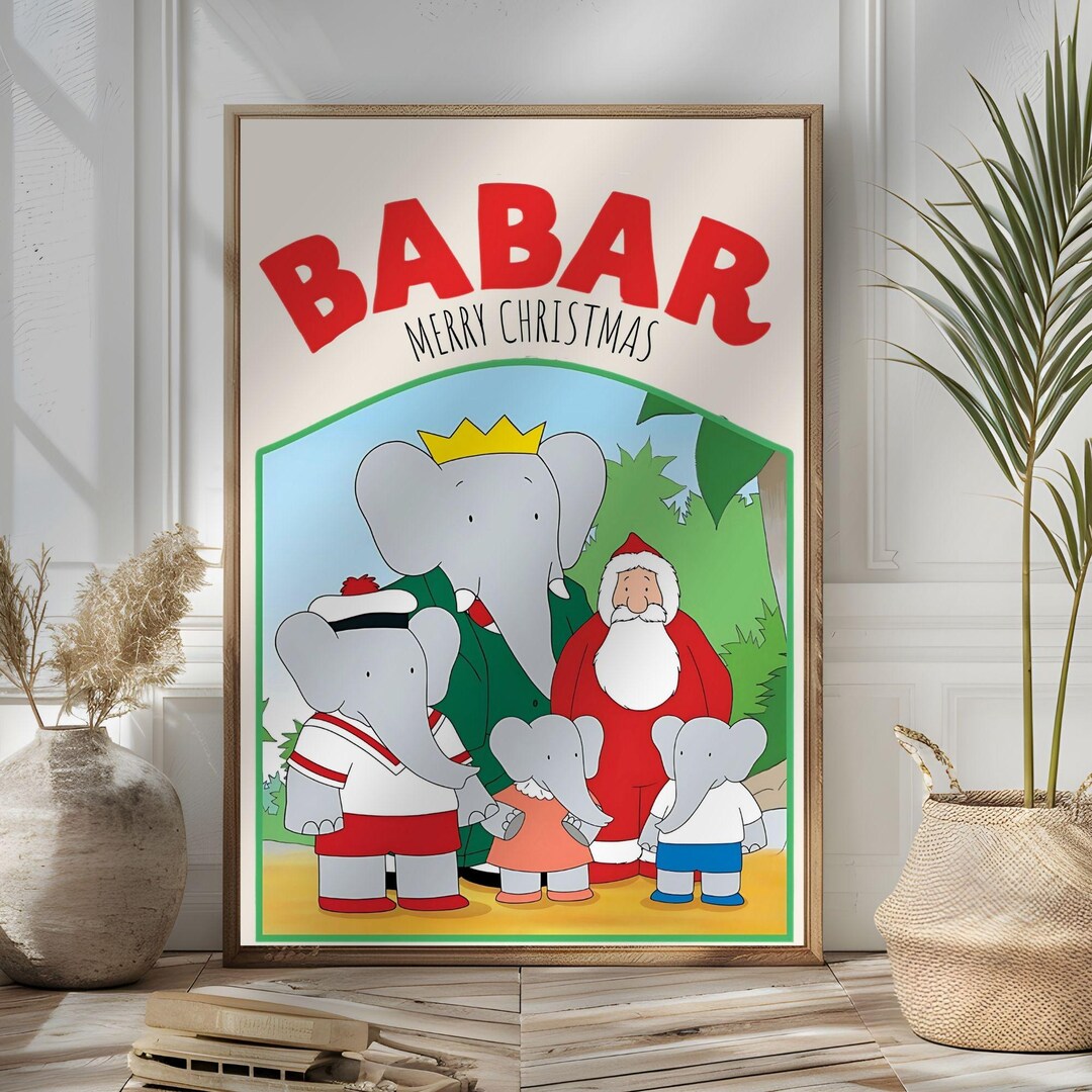 Babar Elephant Christmas Wall Art, Retro Nursery Decor, Santa ...