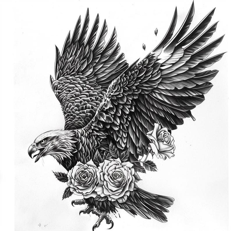 23 Eagle Clipart With Roses, Vintage Black and White Illustration, Bald ...