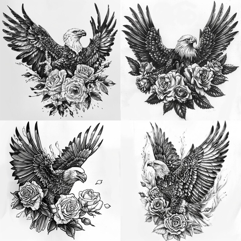 23 Eagle Clipart With Roses, Vintage Black and White Illustration, Bald ...