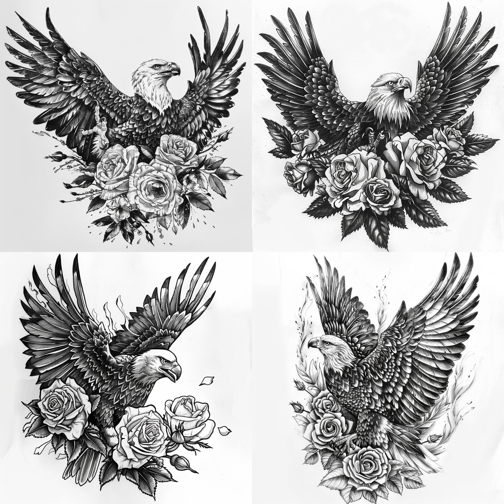23 Eagle Clipart With Roses, Vintage Black and White Illustration, Bald ...