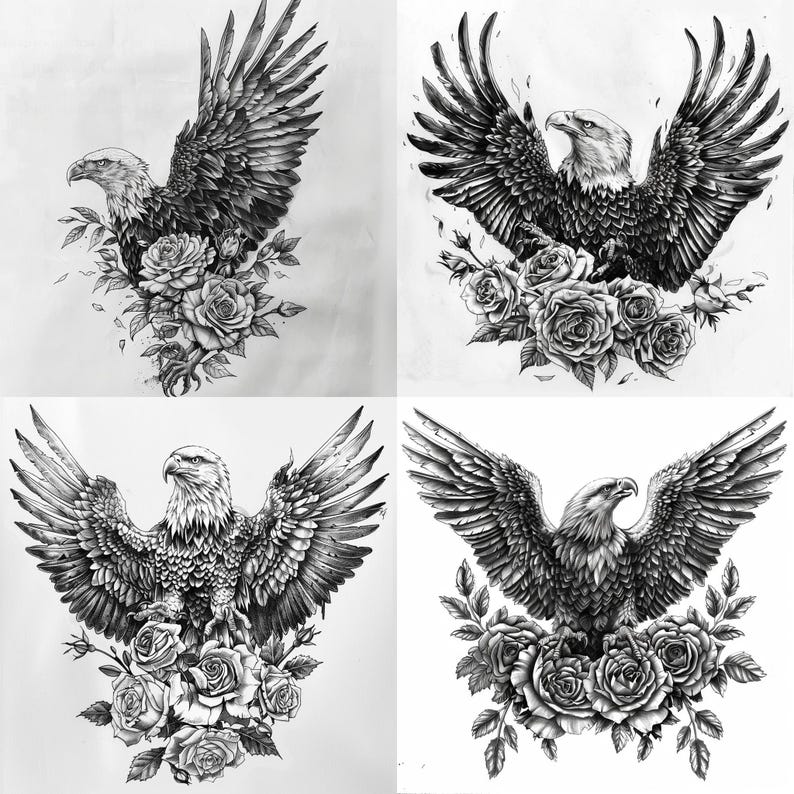 23 Eagle Clipart With Roses, Vintage Black and White Illustration, Bald ...