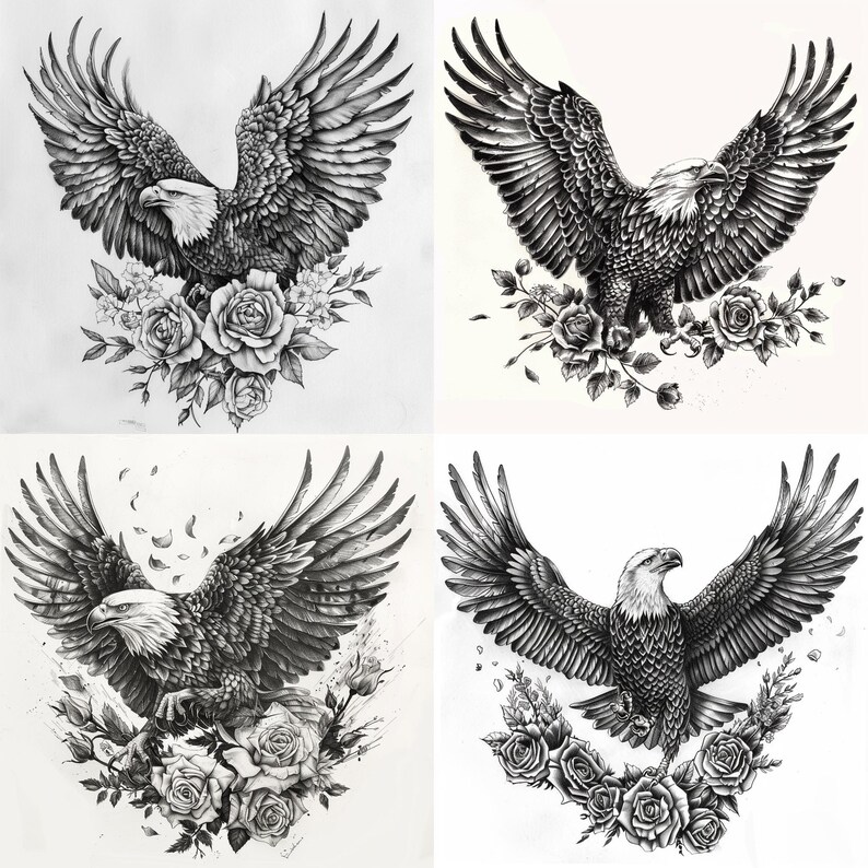 23 Eagle Clipart With Roses, Vintage Black and White Illustration, Bald ...