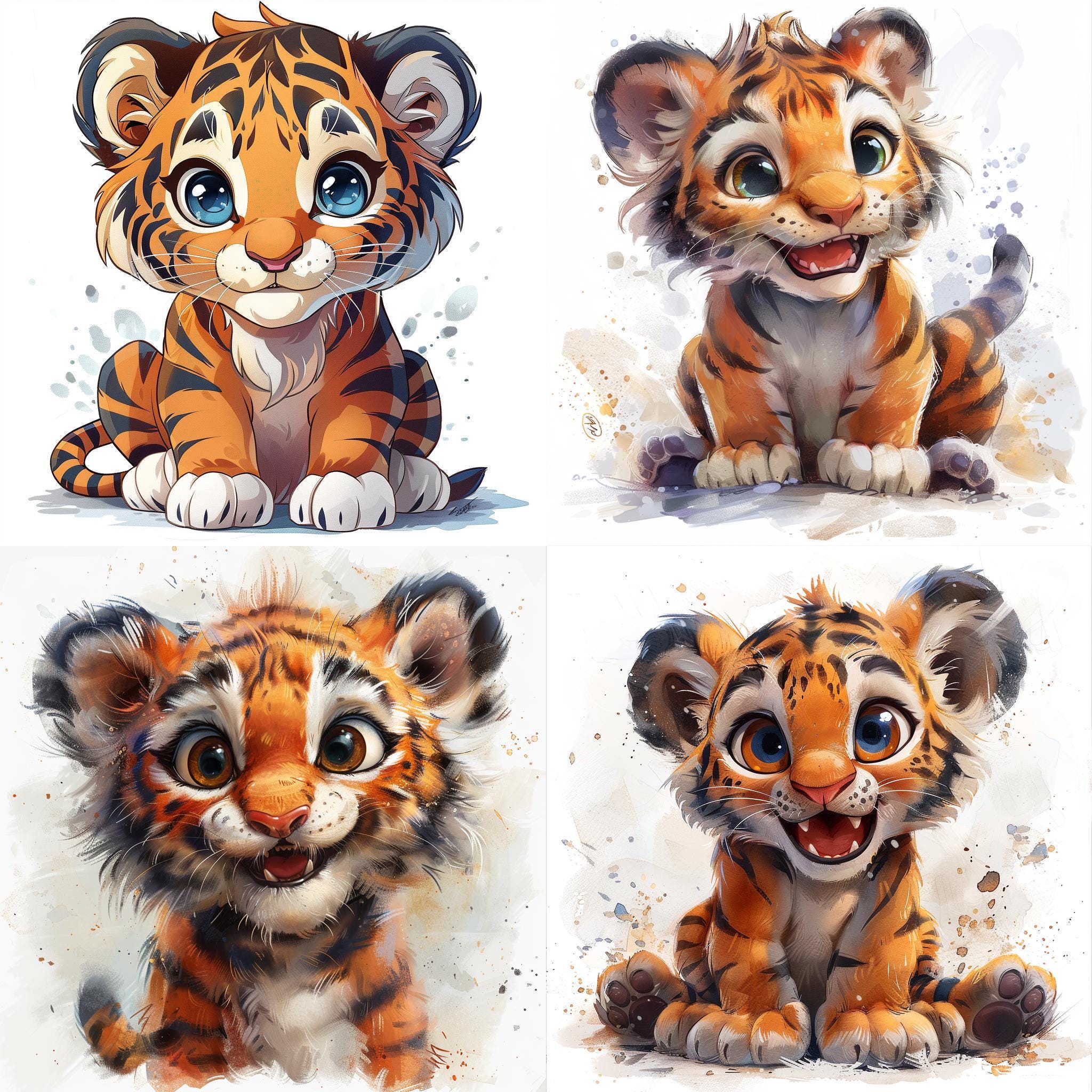 24 Cute Baby Tiger Clipart, Watercolor Cartoon Art, Digital Download ...