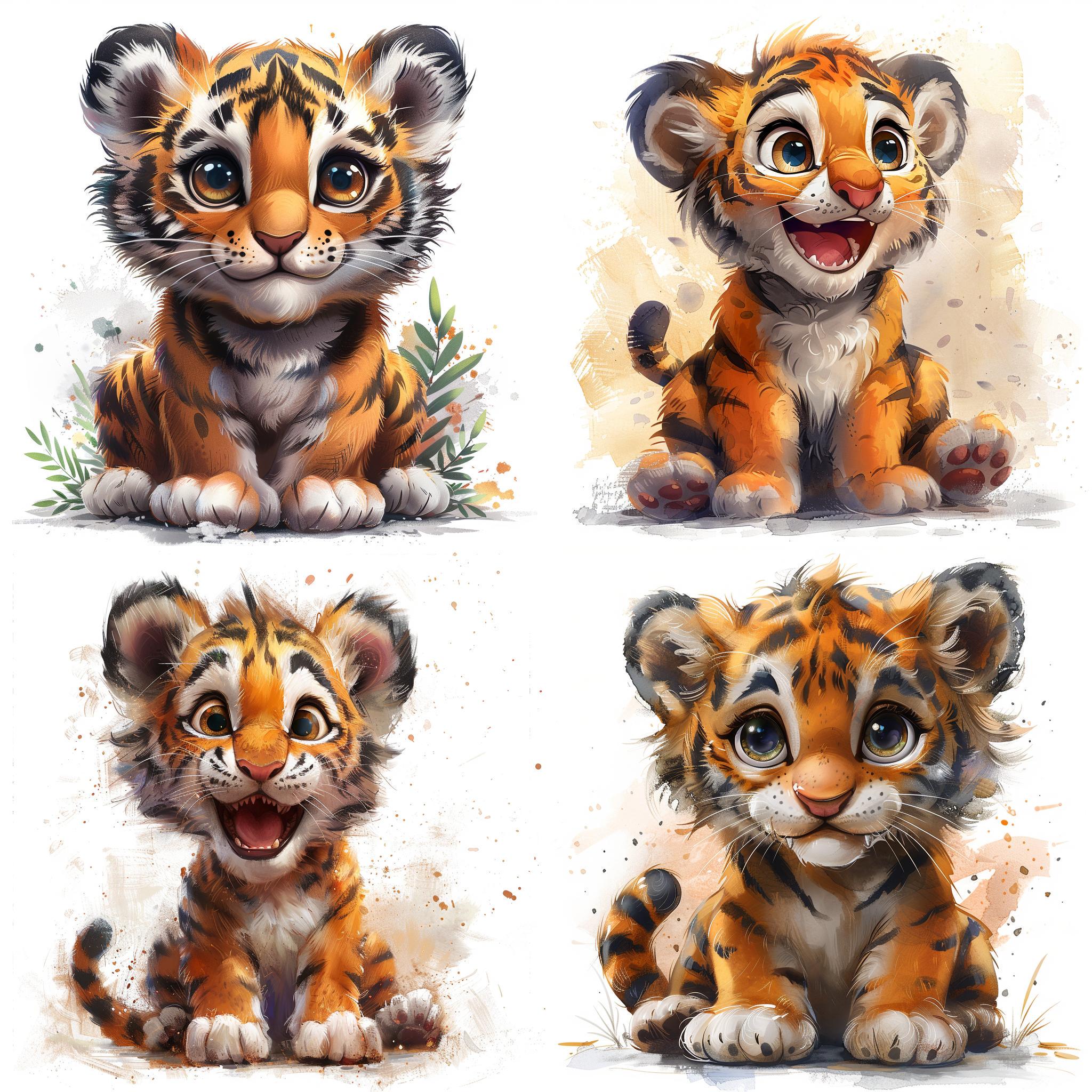 24 Cute Baby Tiger Clipart, Watercolor Cartoon Art, Digital Download ...