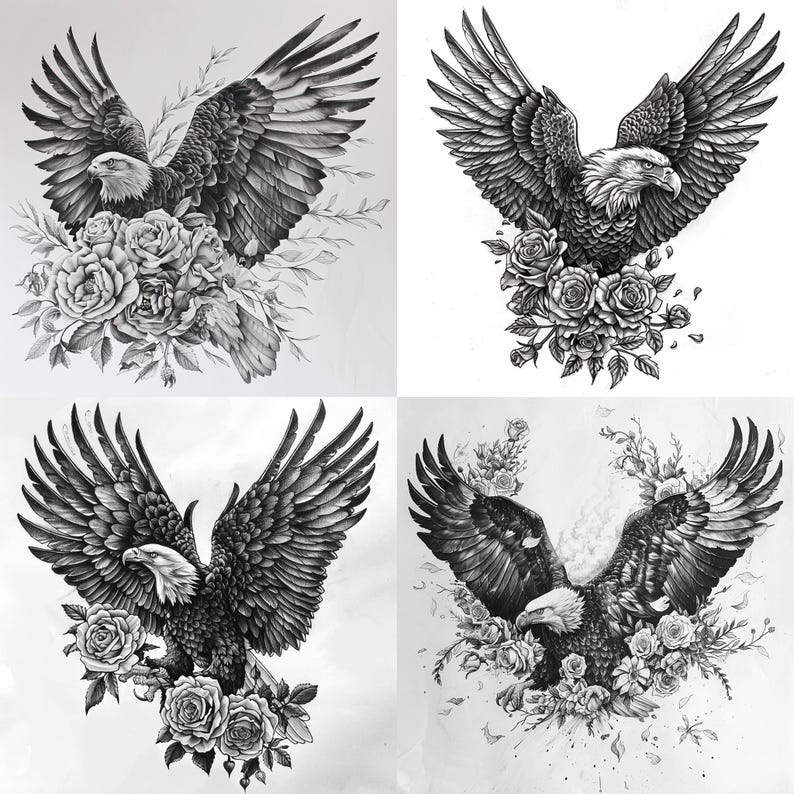 23 Eagle Clipart With Roses, Vintage Black and White Illustration, Bald ...