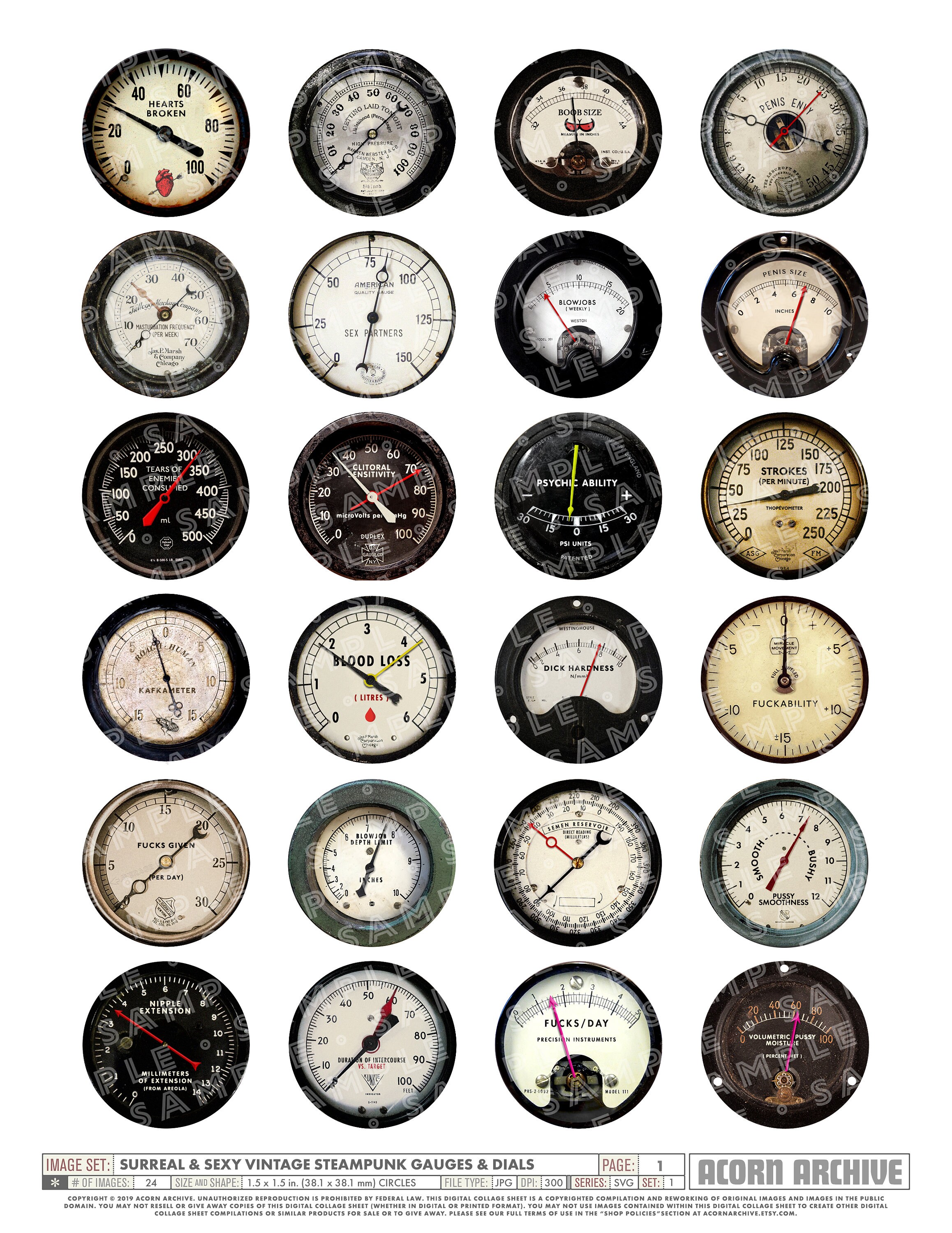 Sexy Naughty Vintage Industrial Steampunk Gauges 1.5in, 1in, 20mm, 15mm ...