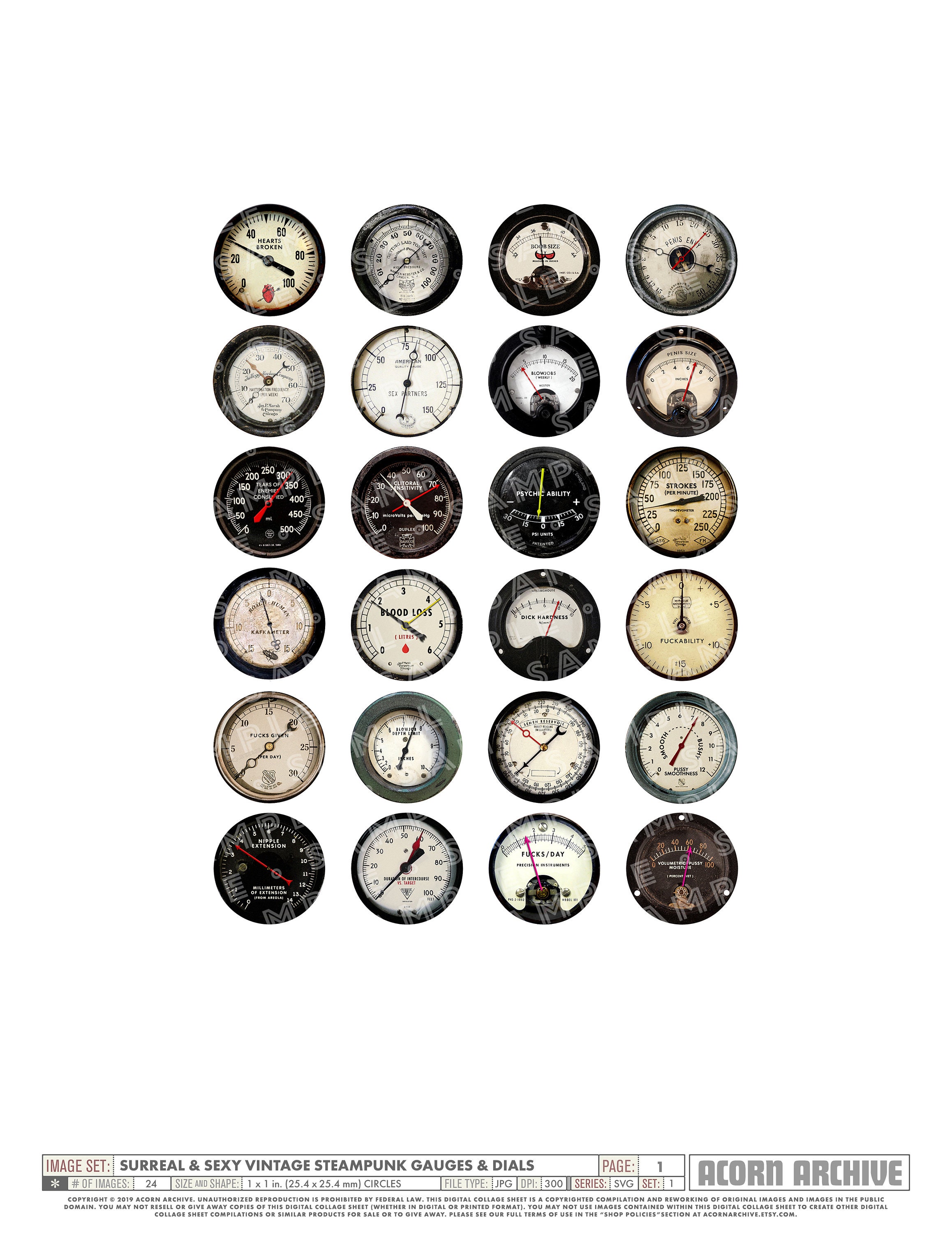Sexy Naughty Vintage Industrial Steampunk Gauges 1.5in, 1in, 20mm, 15mm ...