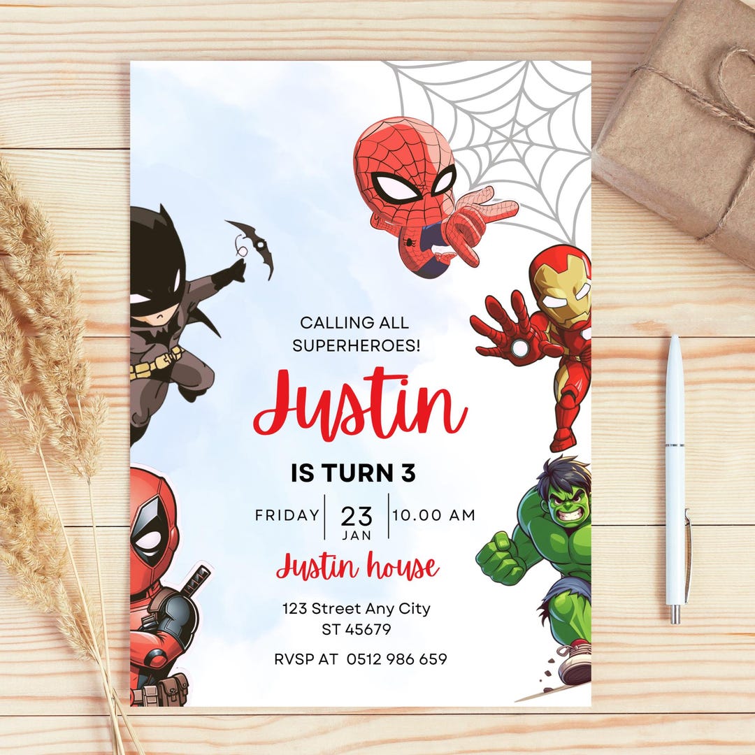 Superhero Birthday Card Invitation EDITABLE Template, Avengers ...